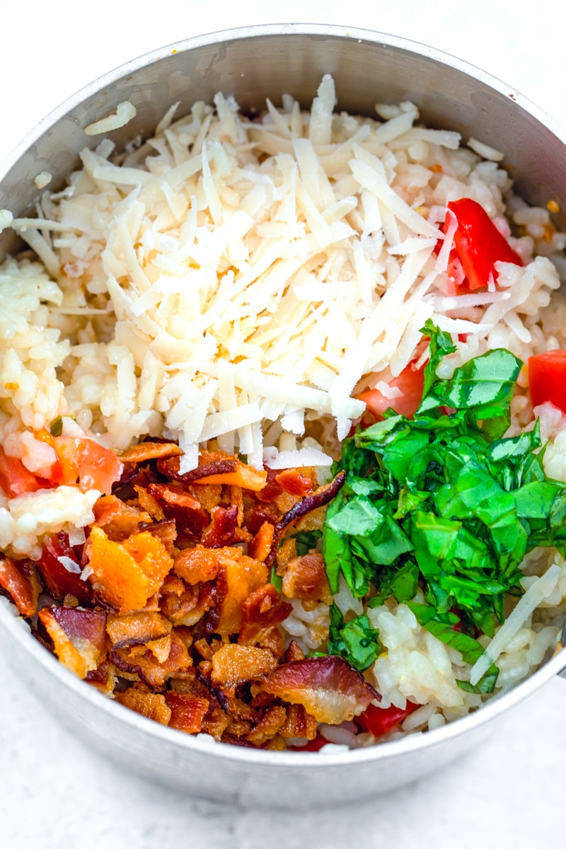 BLT Risotto Recipe {bacon, basil, and tomato) - We are not Mrtha