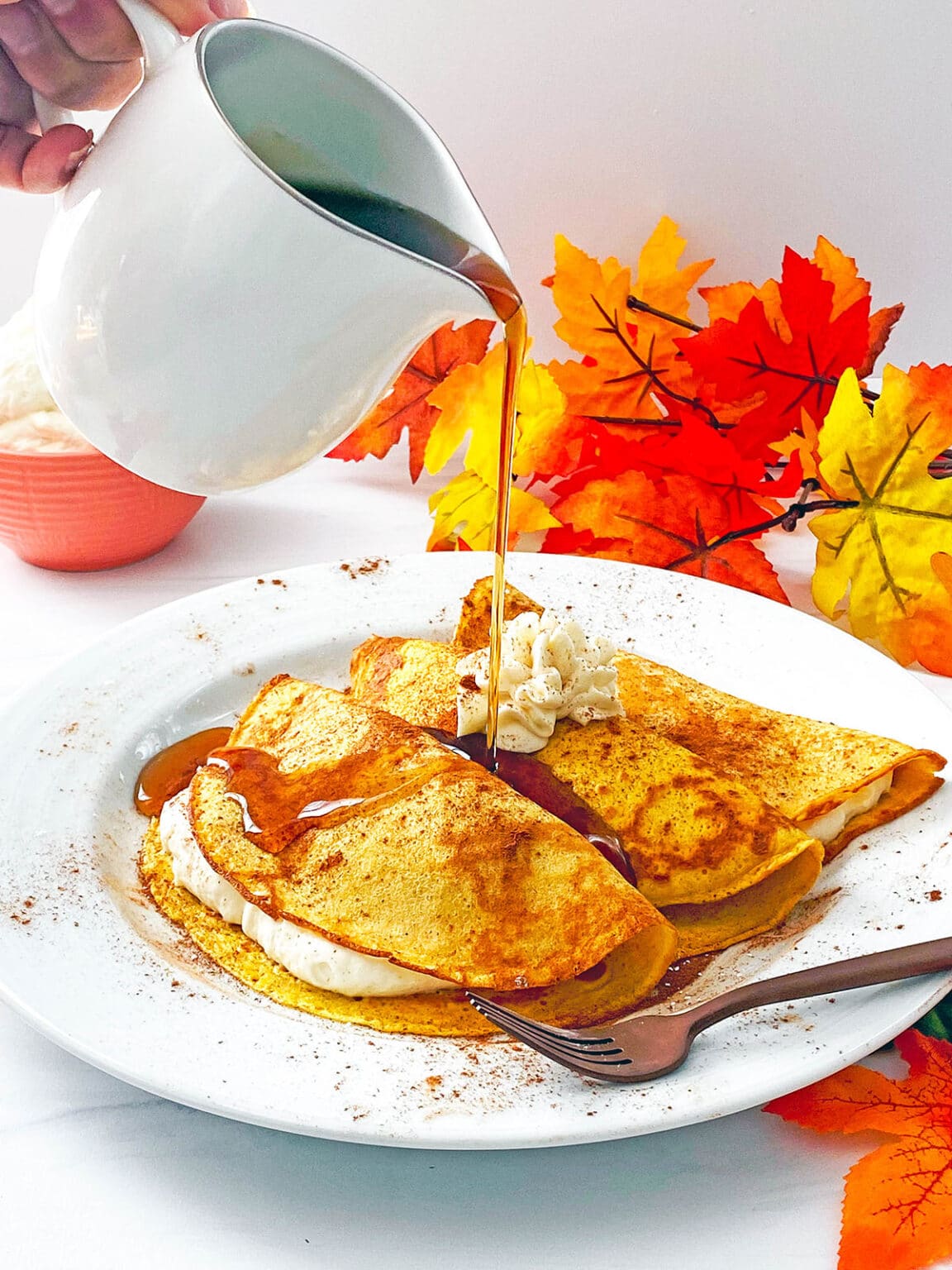 Pumpkin Crepes with Maple Cream Cheese Filling - We are not Martha