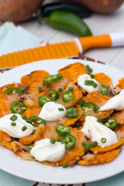 Wavy Sweet Potato Nachos with Whipped Goat Cheese (and a Crisp giveaway!)